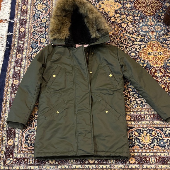 J. Crew | Jackets & Coats | J Crew Green Parka With Faux Fur Hood ...